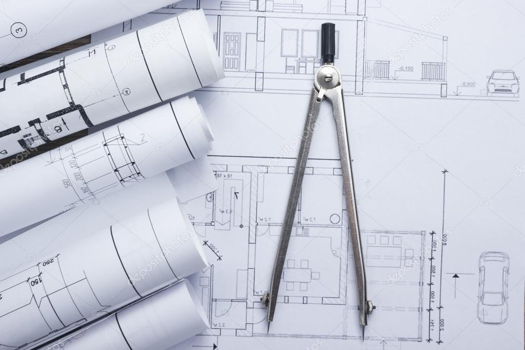 Architect worplace top view. Architectural project, blueprints ...