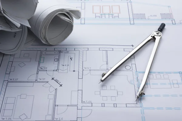 Architect worplace top view. Architectural project, blueprints ...