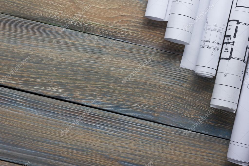 Architect worplace top view. Architectural project, blueprints ...