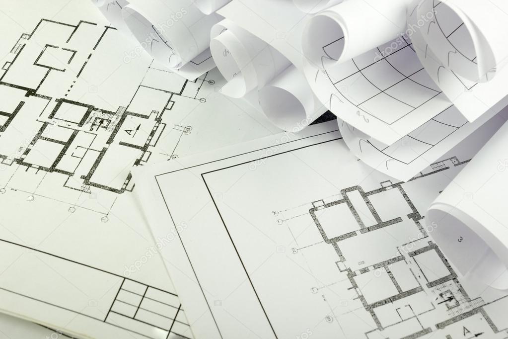 Architectural project, blueprints, blueprint rolls on plans ... Architectural project, blueprints, blueprint rolls on plans ...