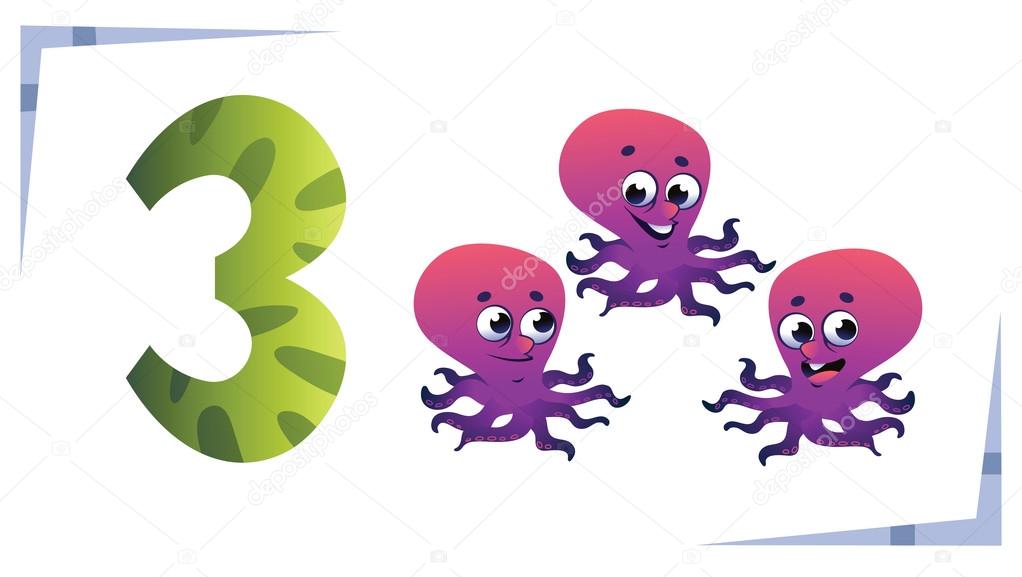 Collection number for kids: Sea animals - number 3, octopus. Vec Stock ...