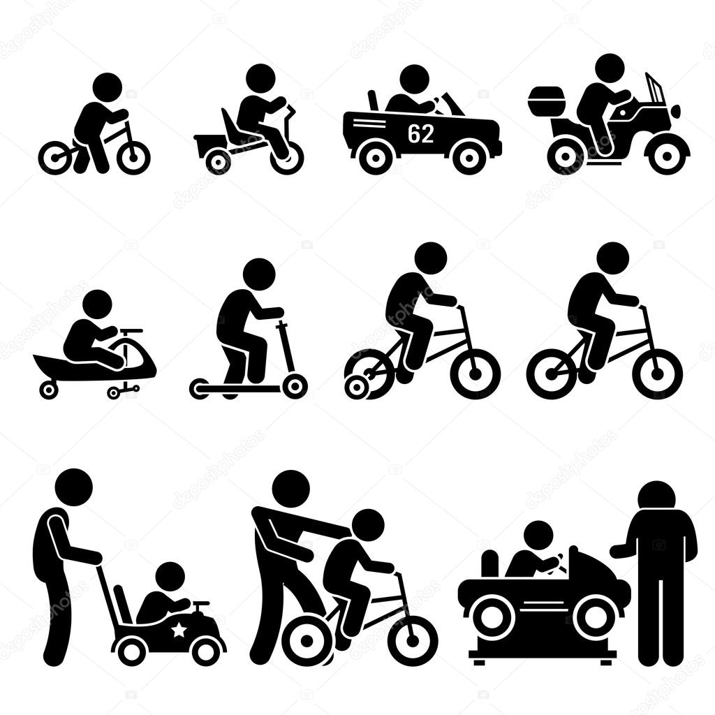 Small Children Riding Toy Vehicles and Bicycle Stick Figure Pictogram ...