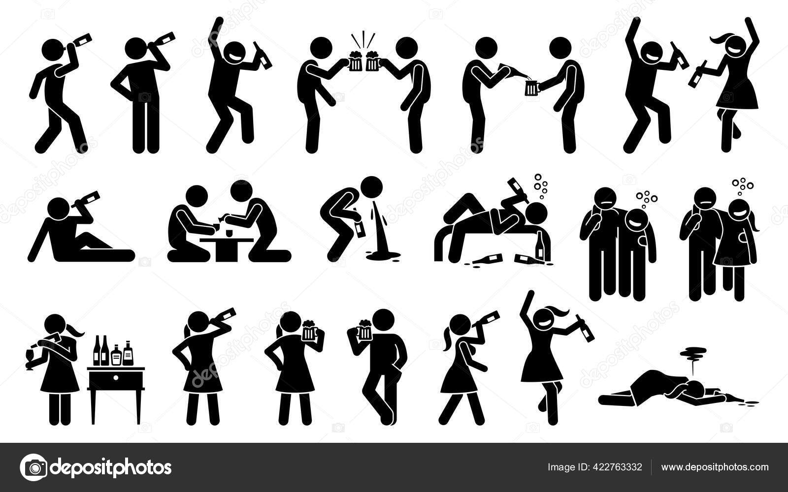 Alcoholic Man Woman Drinking Booze Drunk Vector Illustrations Drunkard ...