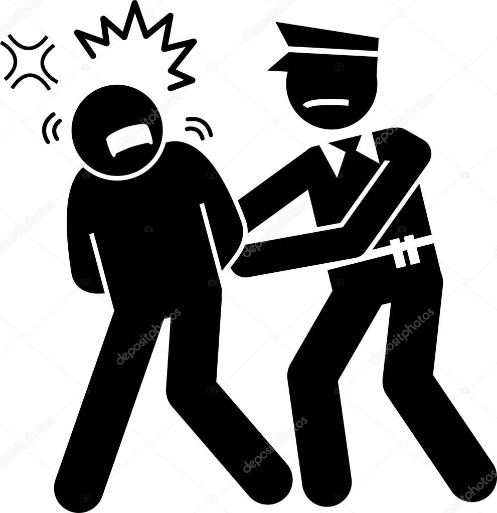 Hombre luchando, obstruyendo y resistiendo el arresto policial. Pictograma describe criminal ...