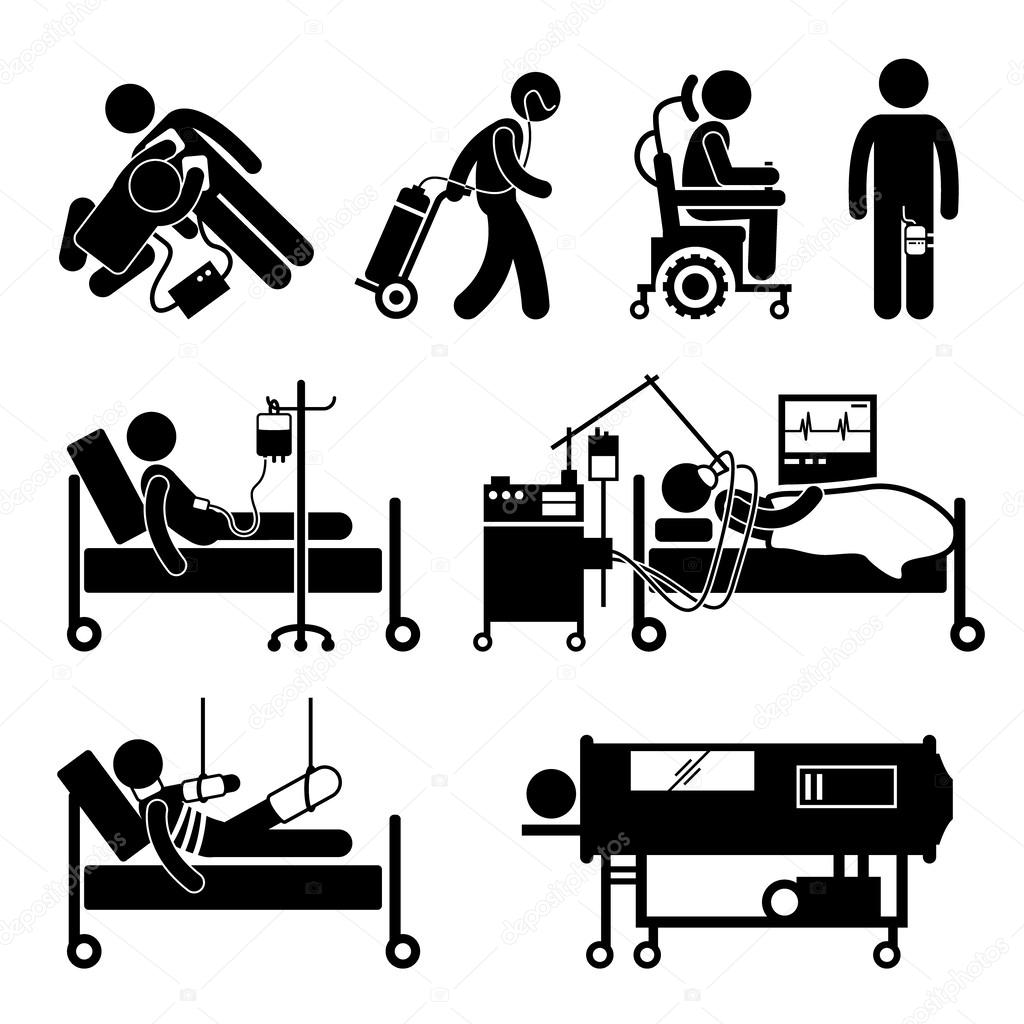 A set of human pictogram representing various life support equipment ...