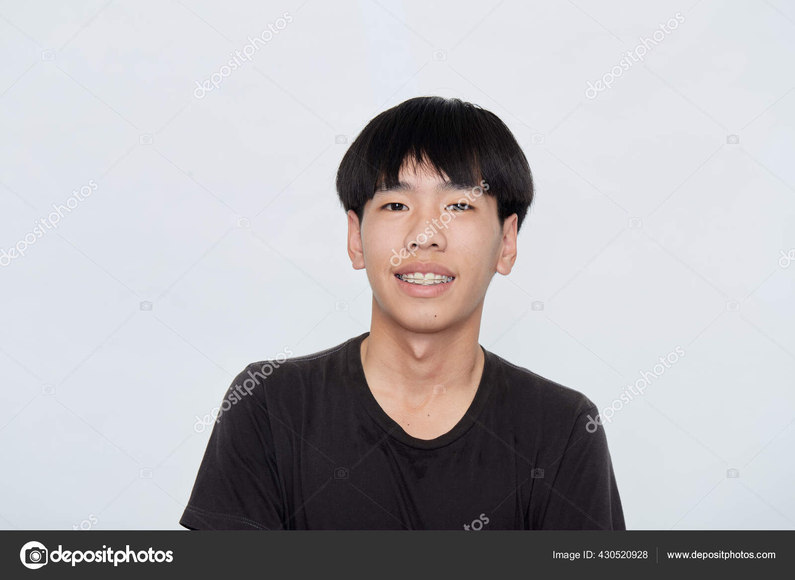 Smiling Cute Asian Man Black Shirt Looking Camera Studio Shot — Stock ...