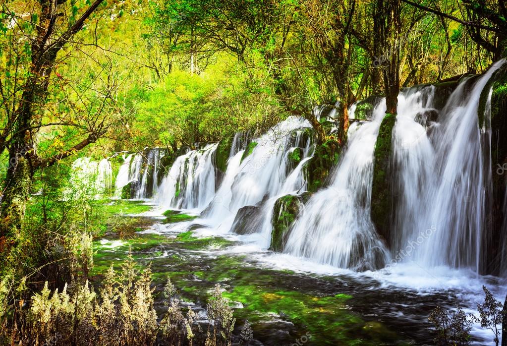 Scenic waterfall with crystal clear water among green forest — Stock ...