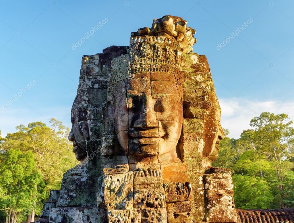 Enigmatic face-tower of Bayon temple in Angkor Thom, Cambodia Stock ...