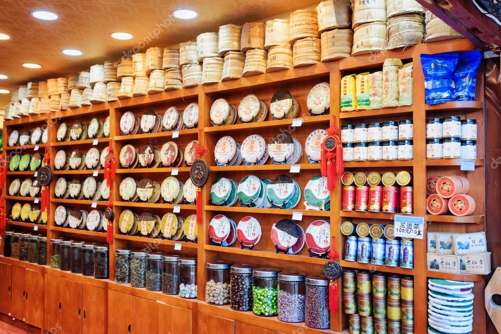Wide range of traditional Chinese tea in the Old Town of Lijiang ...