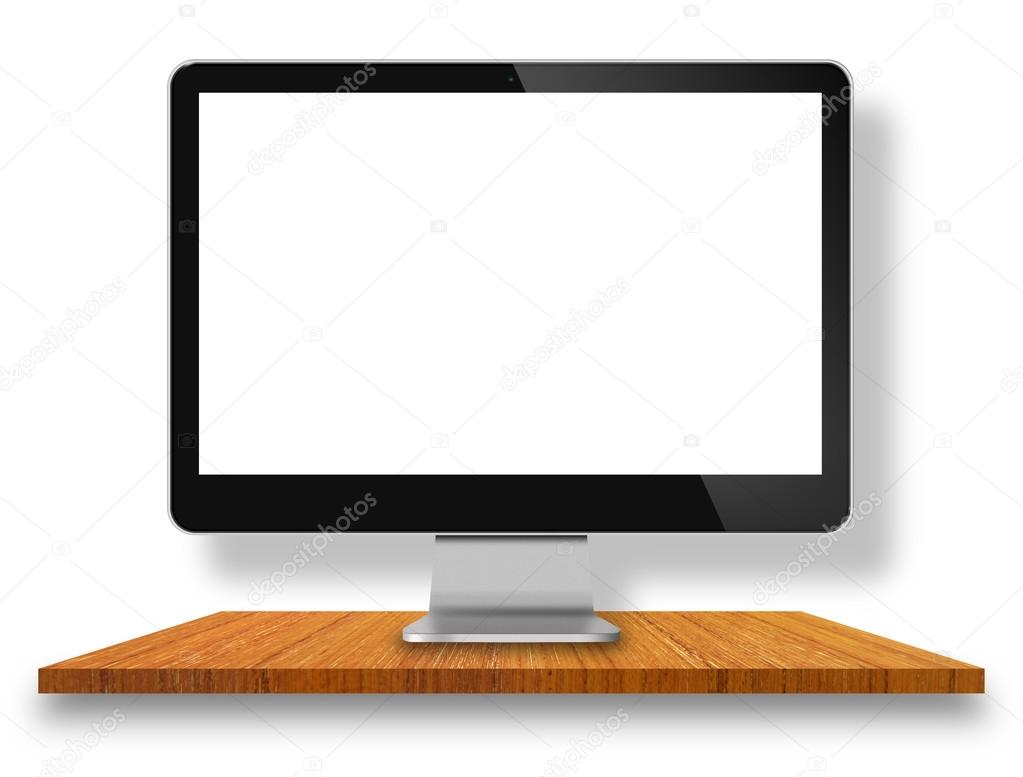 Computer Monitor on wood table with white wall background — Stock Photo ...
