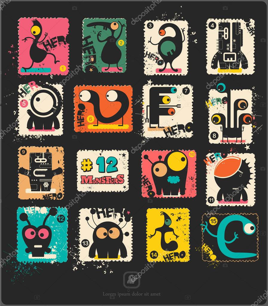 Set of retro postage stamp with funny monsters. Stock Vector by ...