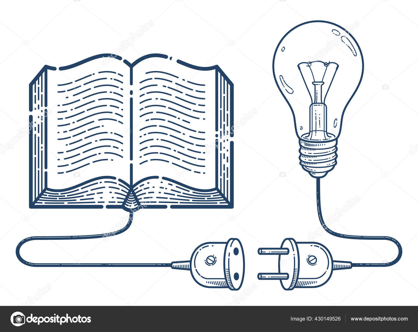 Libro Abierto Con Idea Bombilla Cable Vector Enchufe Icono Lineal ...