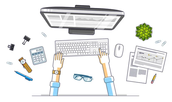 Office desk workspace top view with hands of office employee or Stock ...