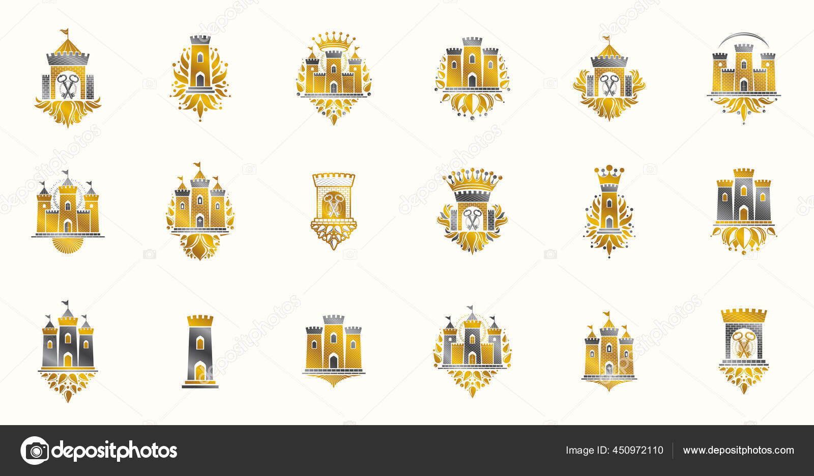 Castles Logos Big Vector Set Vintage Heraldic Fortresses Emblems ...