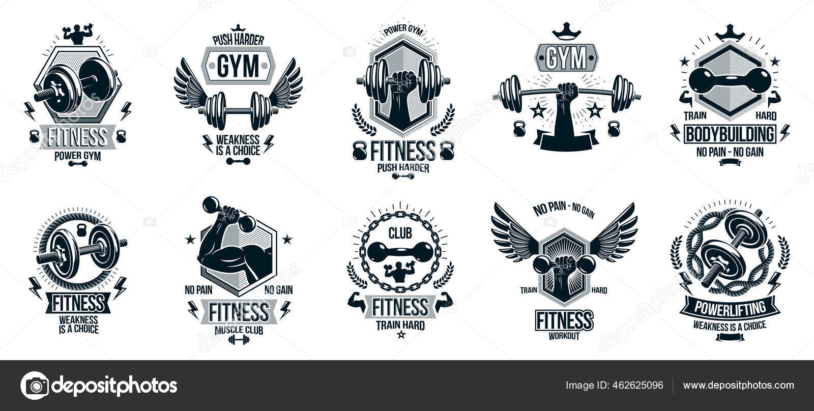 Fitness Sport Emblems Logos Posters Barbells Dumbbells Kettlebells ...