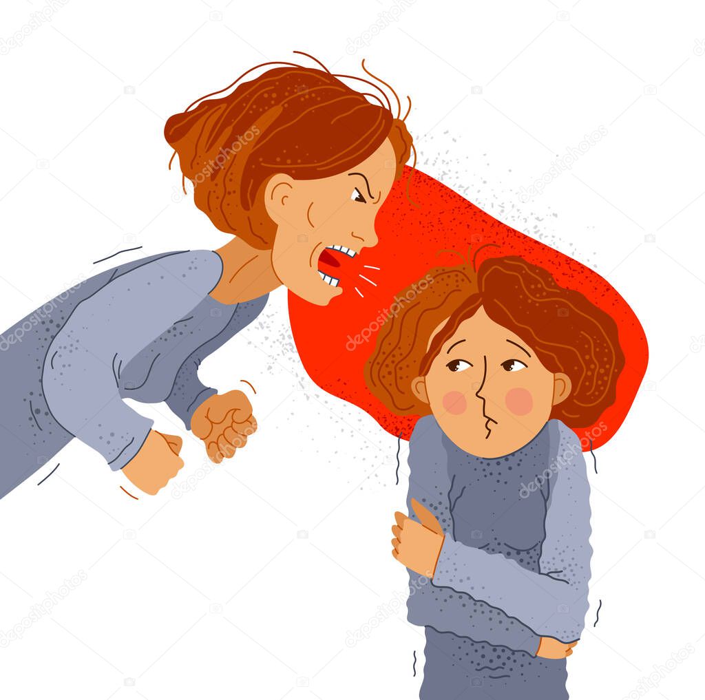 Ilustración vectorial de madre abusiva, mala madre gritar y gritar a la ...