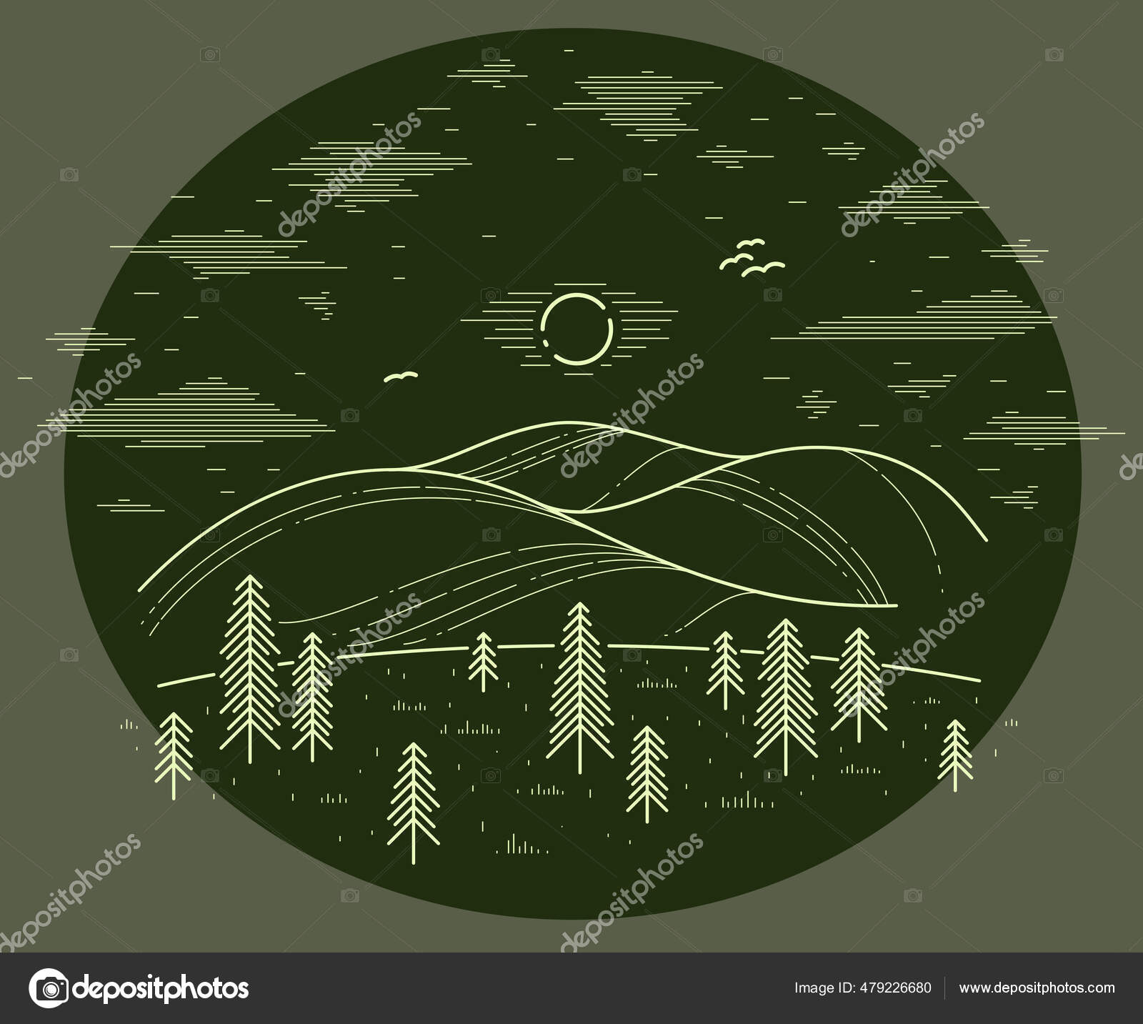 Beautiful Scenic Grasslands Pine Trees Vector Linear Illustration Dark ...
