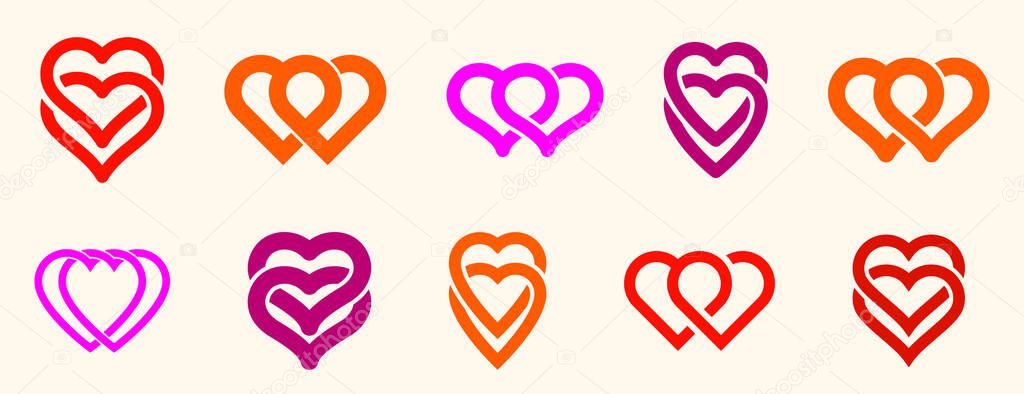 Doble dos corazones vector iconos o logotipos conjunto, boda y pareja ...