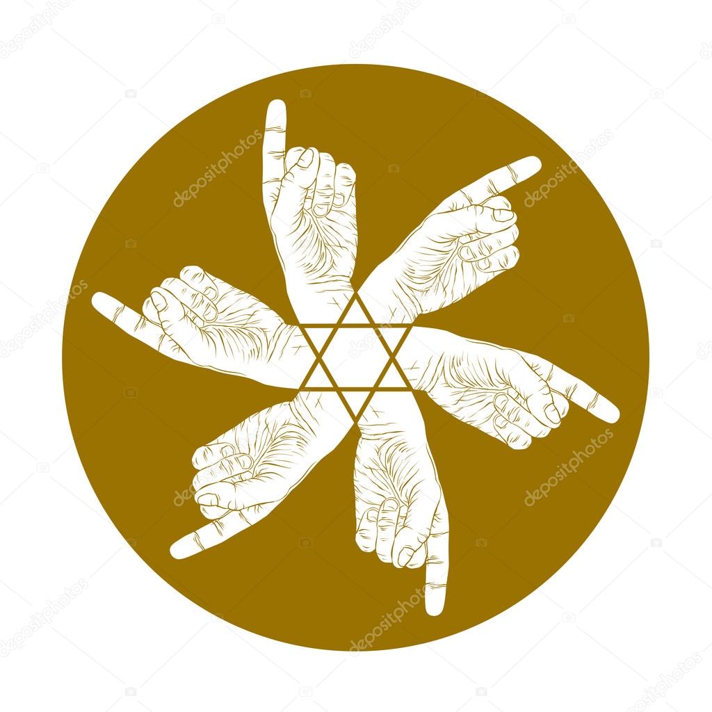 Six pointing hands abstract symbol with hexagonal star, single c Stock ...