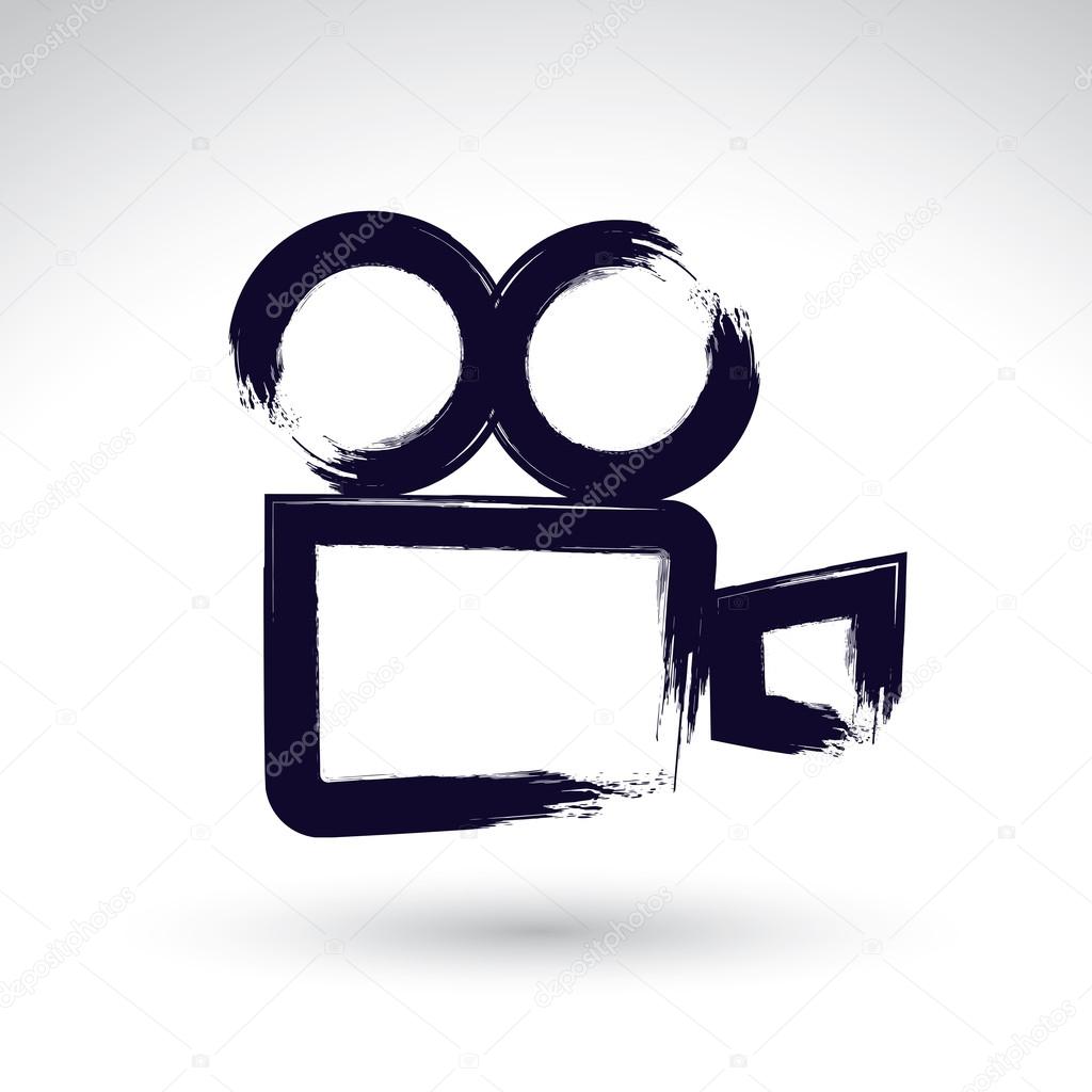 Realistic ink hand drawn vector video camera icon, simple hand-p Stock ...