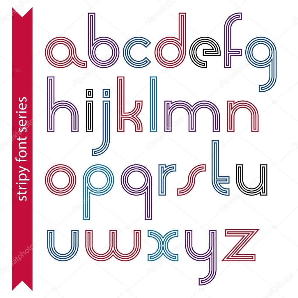 Letras redondas de luz minúscula con líneas triples, vector colorfu ...