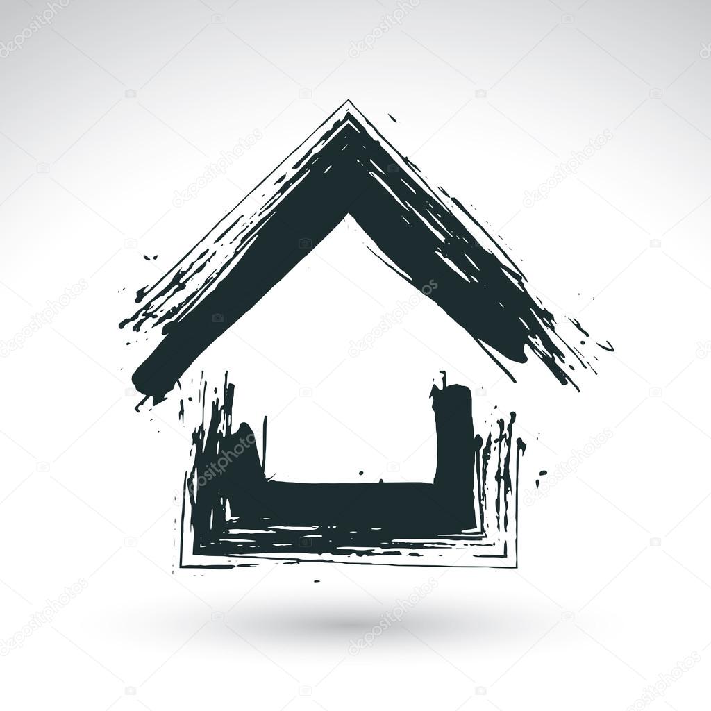 Hand drawn blue country house icon, estate logotype, simple cott Stock ...