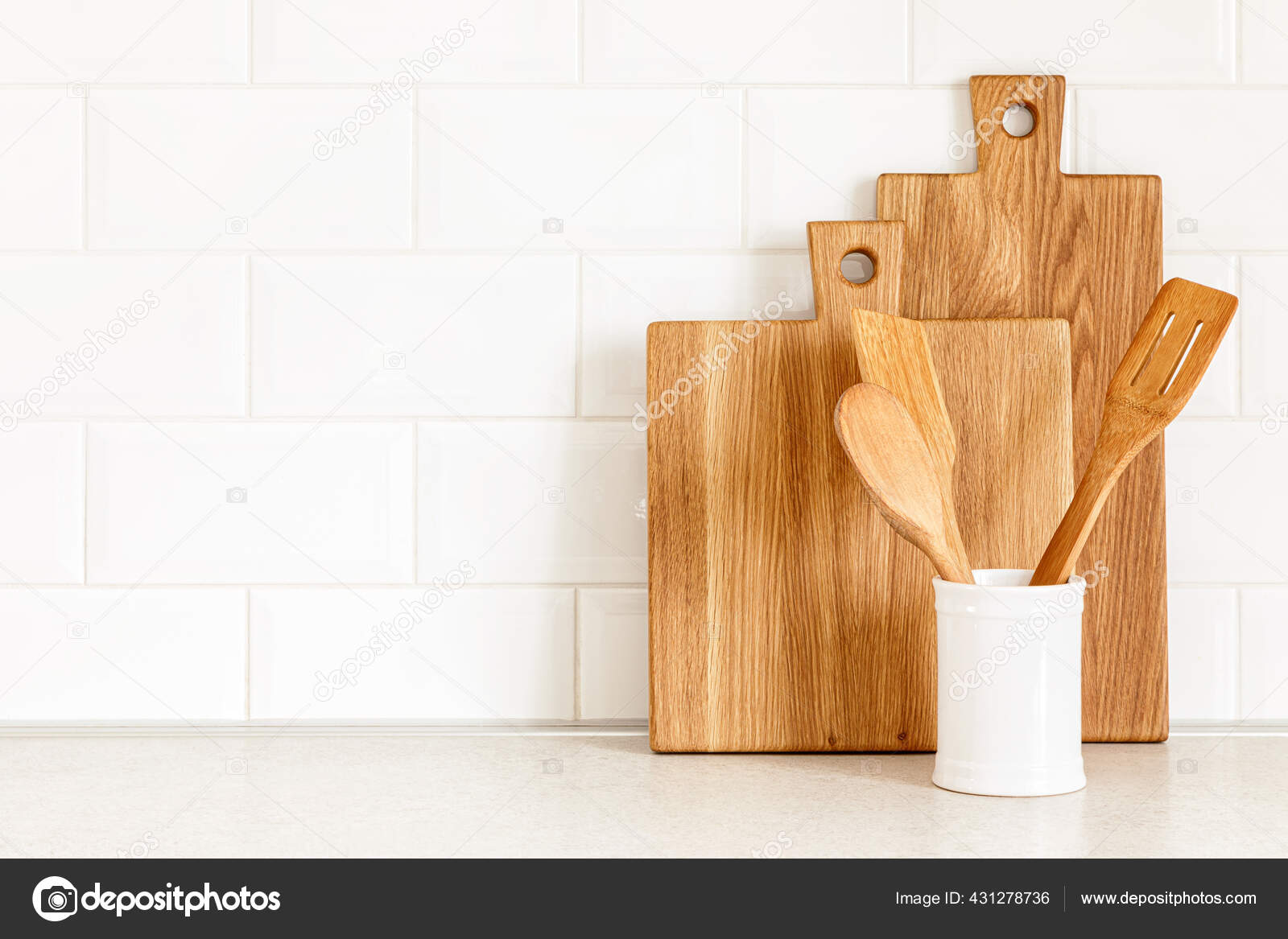 Kitchen Utensils Countertop Culinary Background Wooden White Ceramic ...