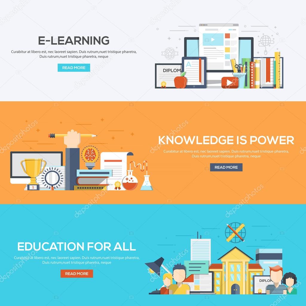 Flat designed banners- E learning, Knowledge is power and Educat Stock ...