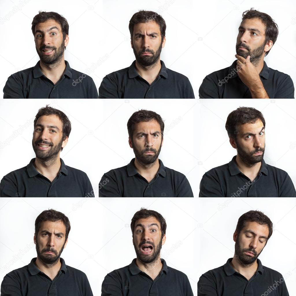 Young man face expressions with beard and moustaches composite isolated ...