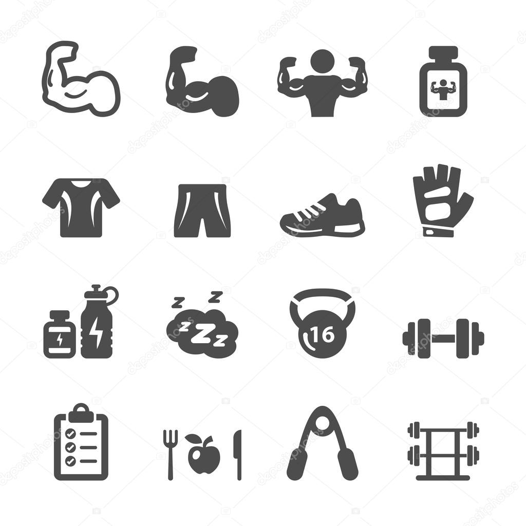 Bodybuilding healthy and fitness icon set, vector eps10 Stock Vector ...