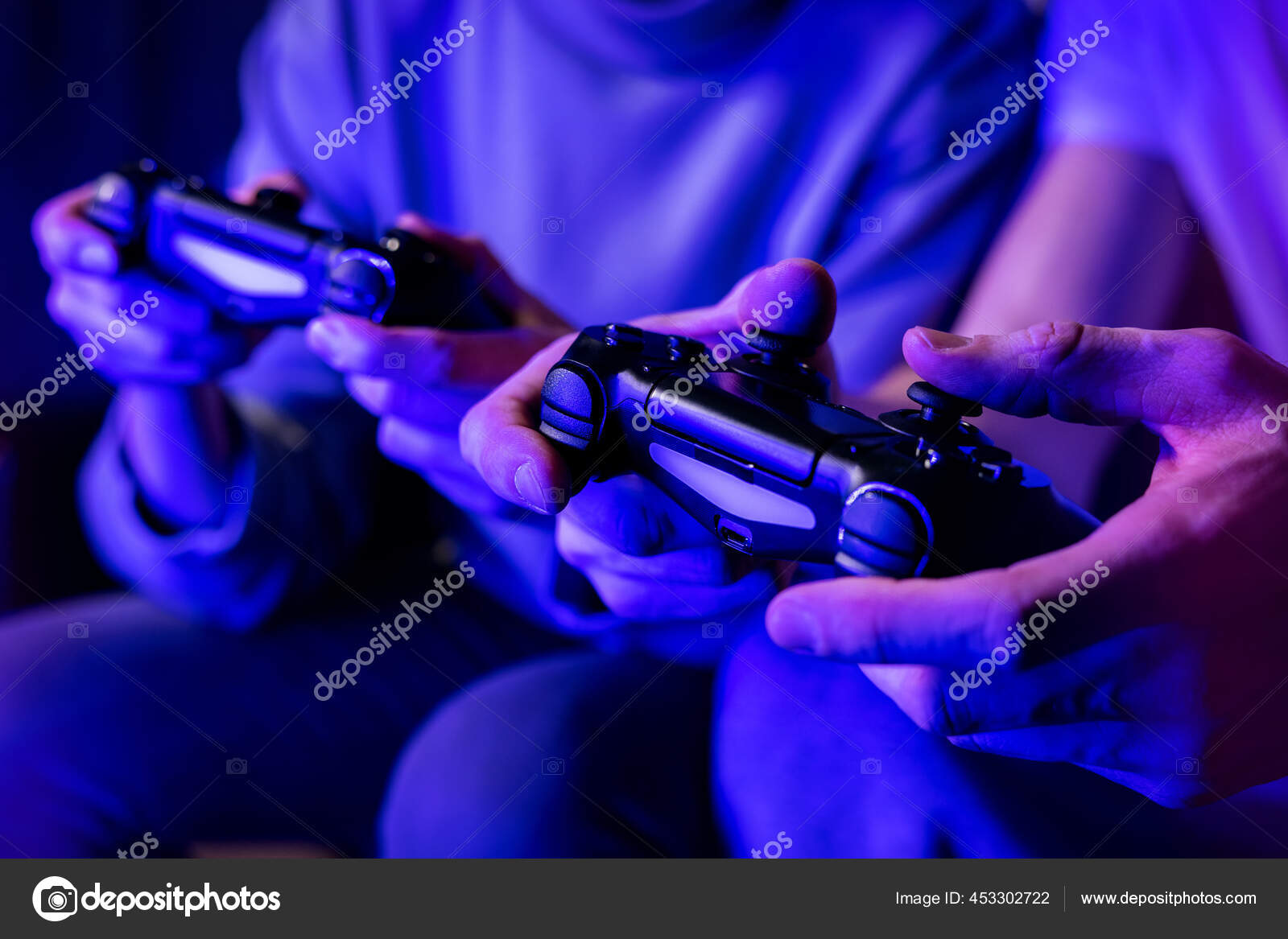 Friends Playing Console Video Games Controller Hands Closeup Neon ...