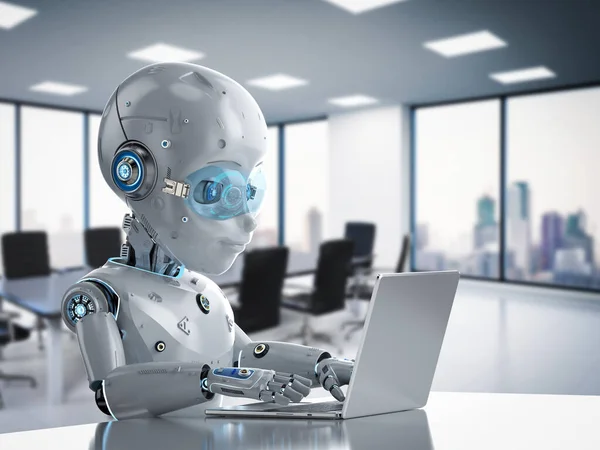 Automation office worker concept with 3d rendering cute robot work with computer notebook ...