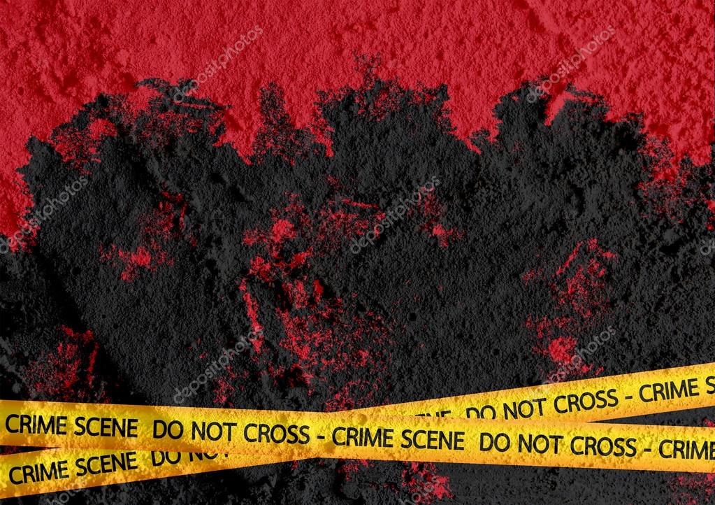 Escena del crimen cintas de peligro ilustración en la pared textura ...