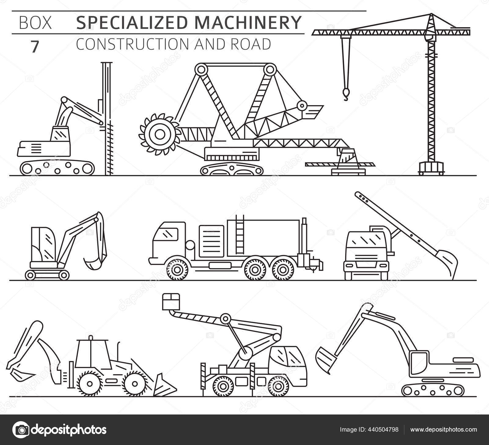 Special Industrial Construction Road Machine Linear Vector Icon Set ...