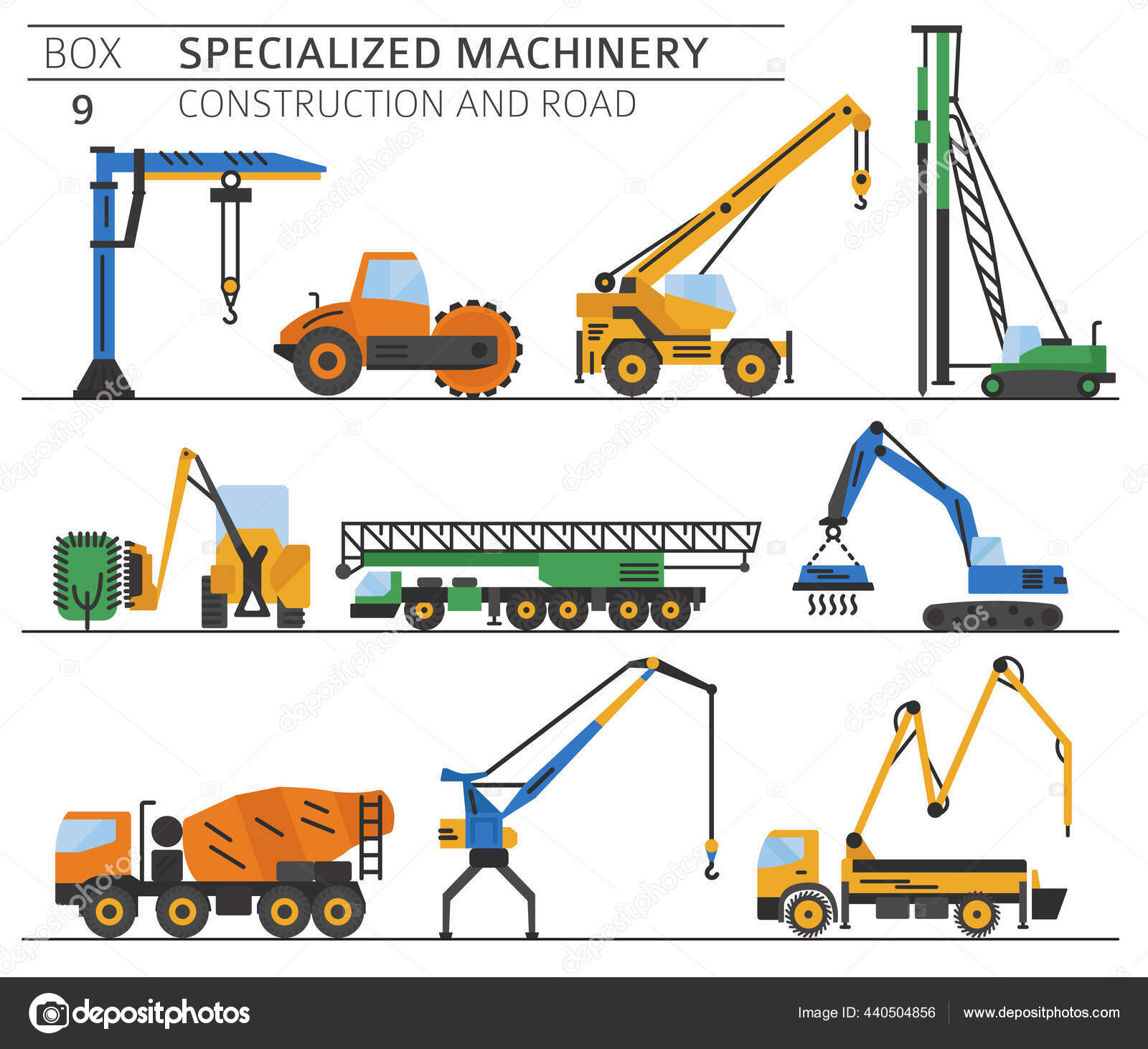 Special Industrial Construction Road Machine Coloured Vector Icon Set ...
