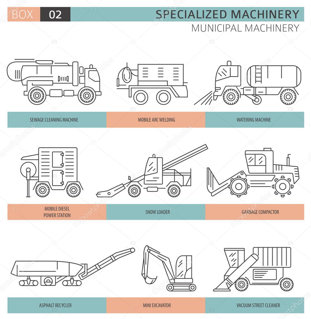 Conjunto de iconos vectoriales lineales especiales para carretera industrial y máquina municipal ...
