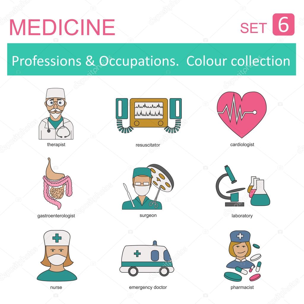 Professions and occupations coloured icon set. Medical. Flat lin Stock ...
