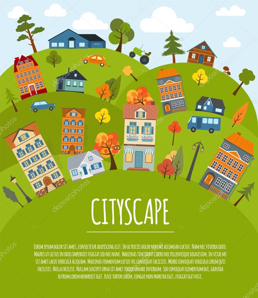 Cityscape conceptual graphic template. Urban, countryside, indus Stock ...