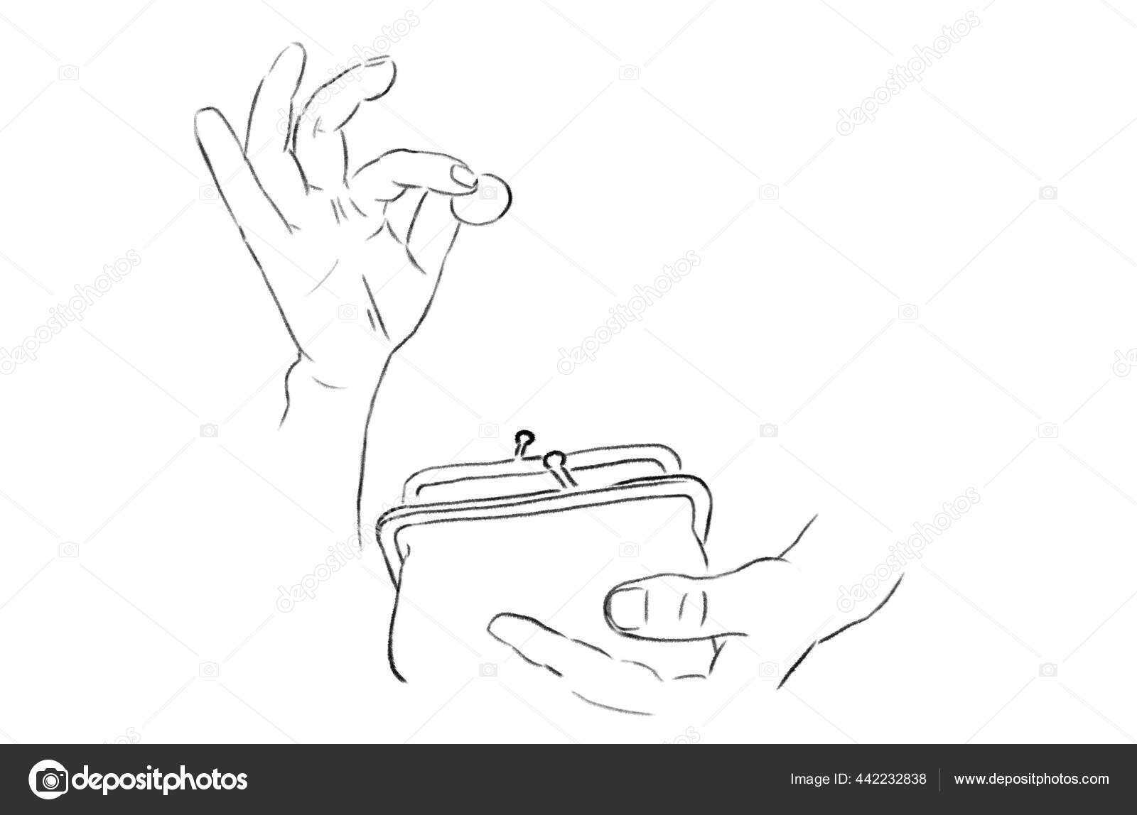 Putting Coin Your Wallet Hands Close Black White Sketch Stock ...