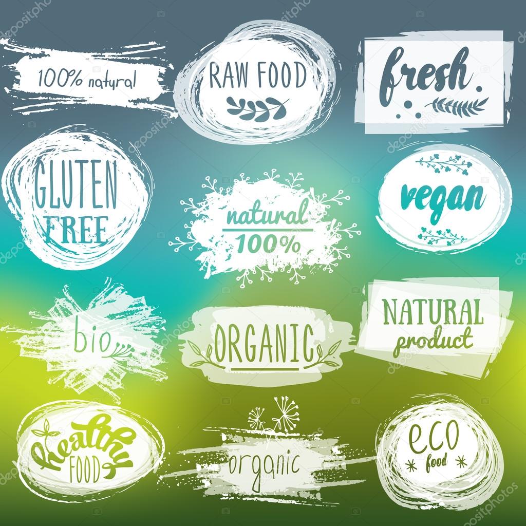 Labels with vegetarian and raw food diet designs. Organic food tags and ...