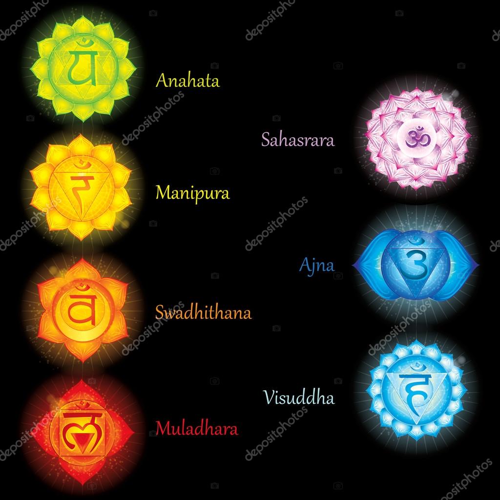 Glowing chakras icons . The concept of chakras used in Hinduism ...