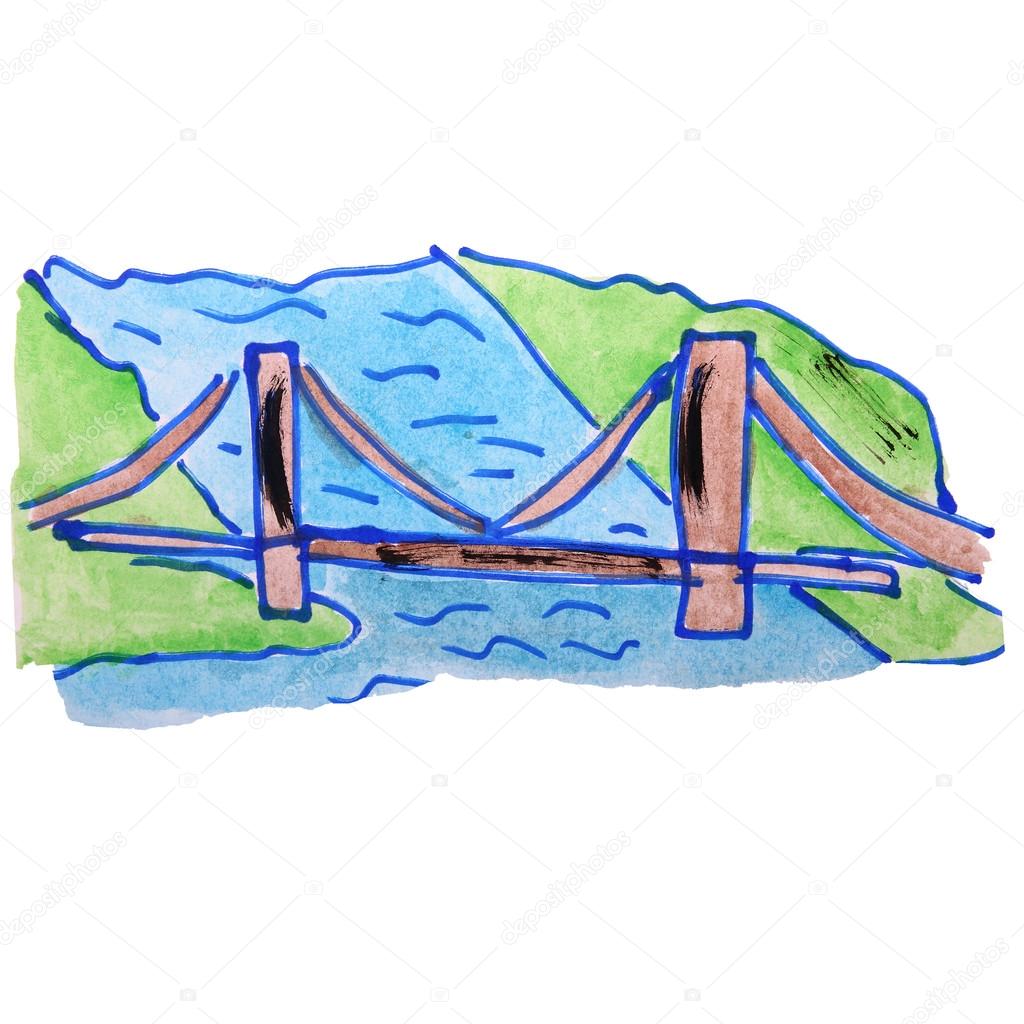 Akvarell vas-híd a folyó és a zöld fű rajz ca — Stock Fotó #62526935