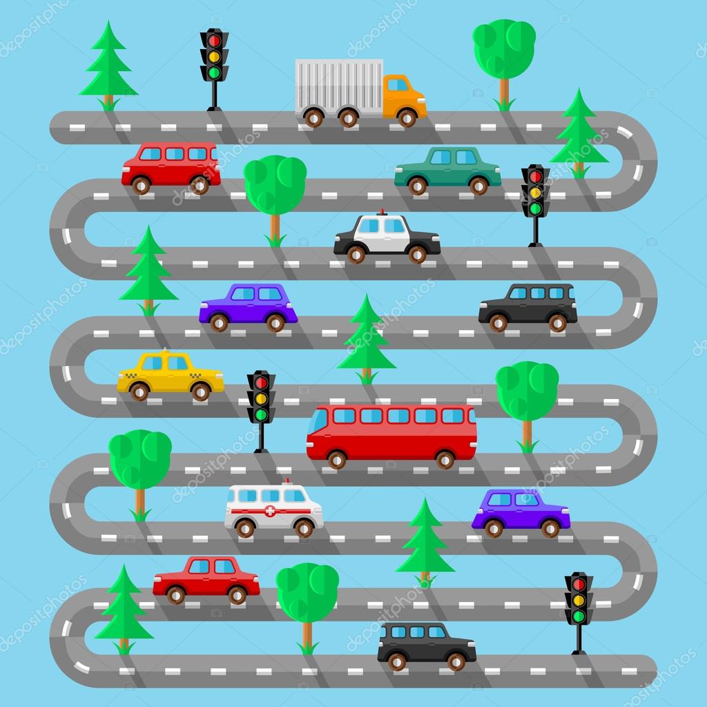 Autopista con vehículos. Diseño plano. Ilustración vectorial. 2024