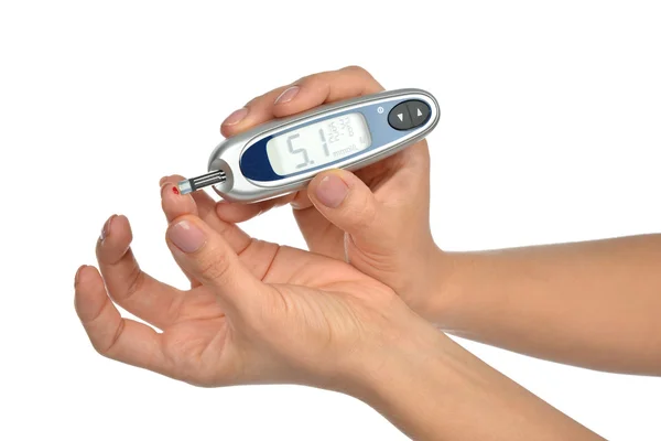Diabetes patient measuring glucose level blood test — Stock Photo ...