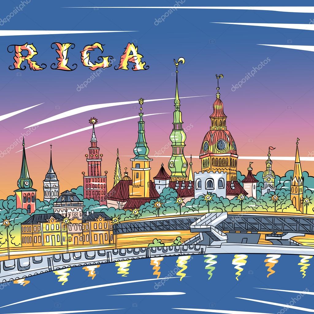 Old Town and River Daugava at night, Riga, Latvia Stock Vector Image by ...