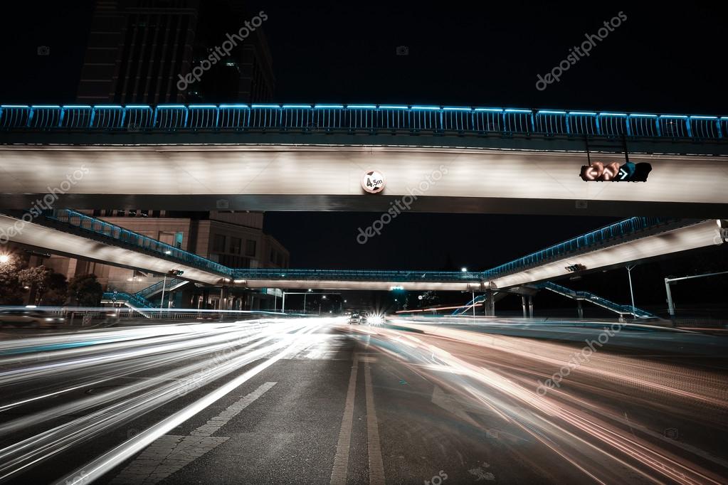 Urban footbridge and road intersection of night scene — Stock Photo ...