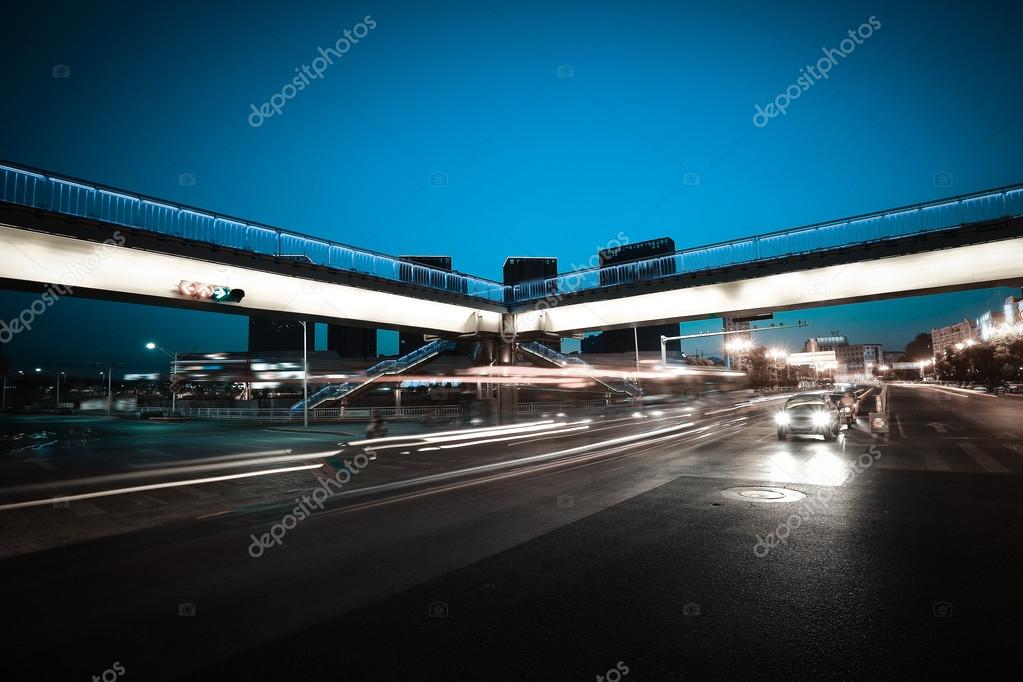 Urban footbridge and road intersection of night scene — Stock Photo ...