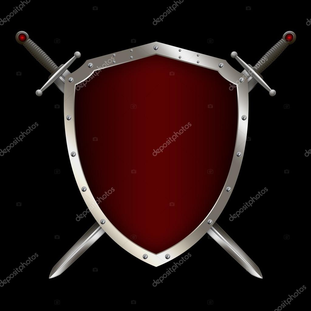 Red shield with swords on black background. — Stock Photo © ke77kz ...