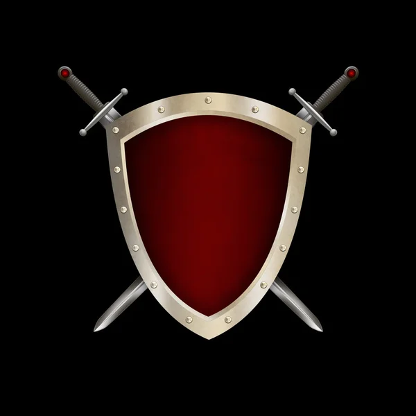Medieval shield with scroll and swords on black background. — Stock ...