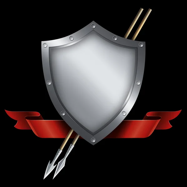 Medieval shield with scroll on black background. Stock Illustration by ...